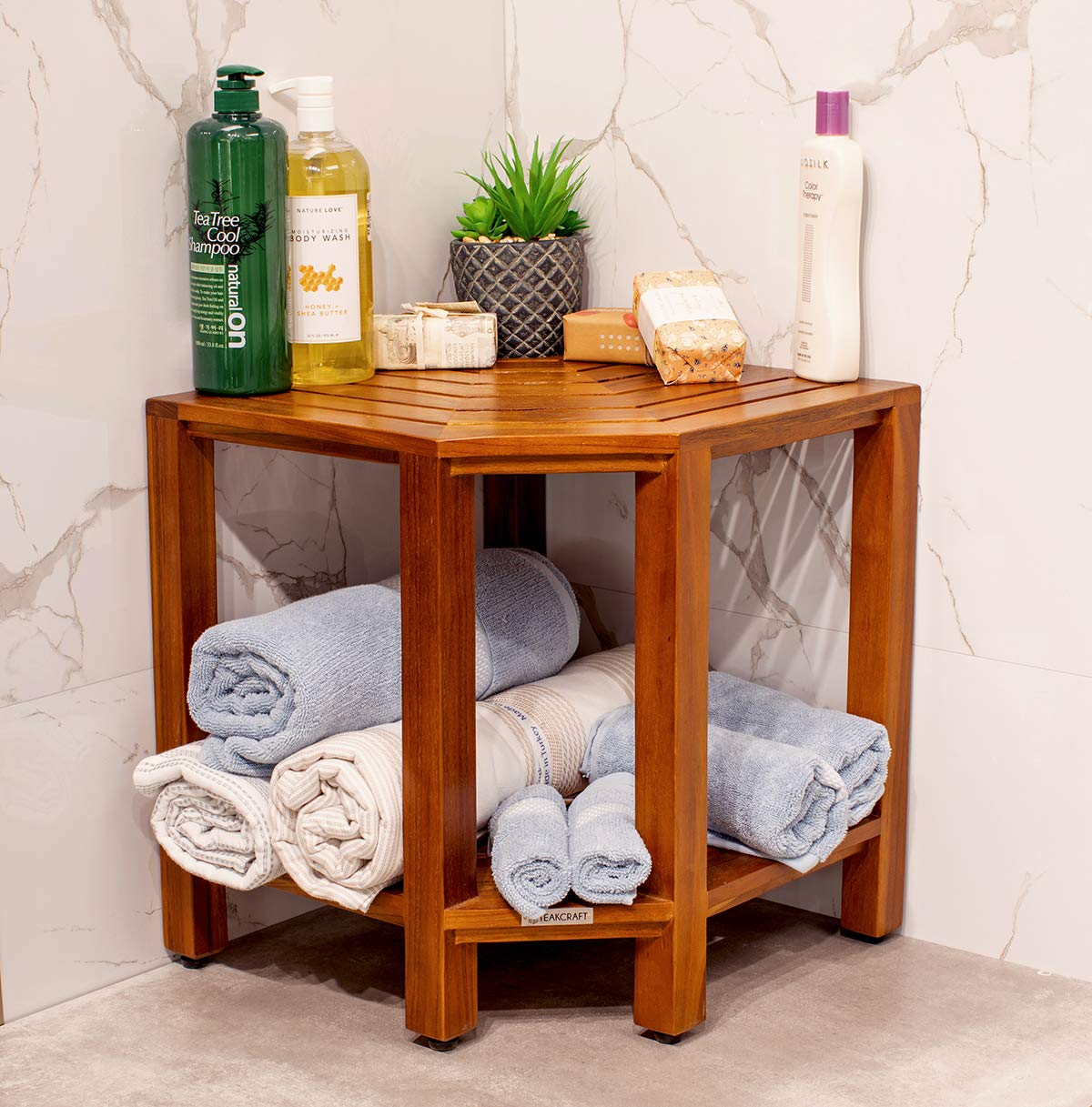 TeakCraft Teak Corner Shower Bench with Basket 17.5 Inch, Fully Assembled. The TeakRa