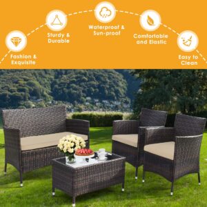 HAPPYGRILL 4-Piece Patio Furniture Set Outdoor Rattan Wicker Conversation Set with Cushioned Sofa and Coffee Table for Porch Backyard Garden Poolside