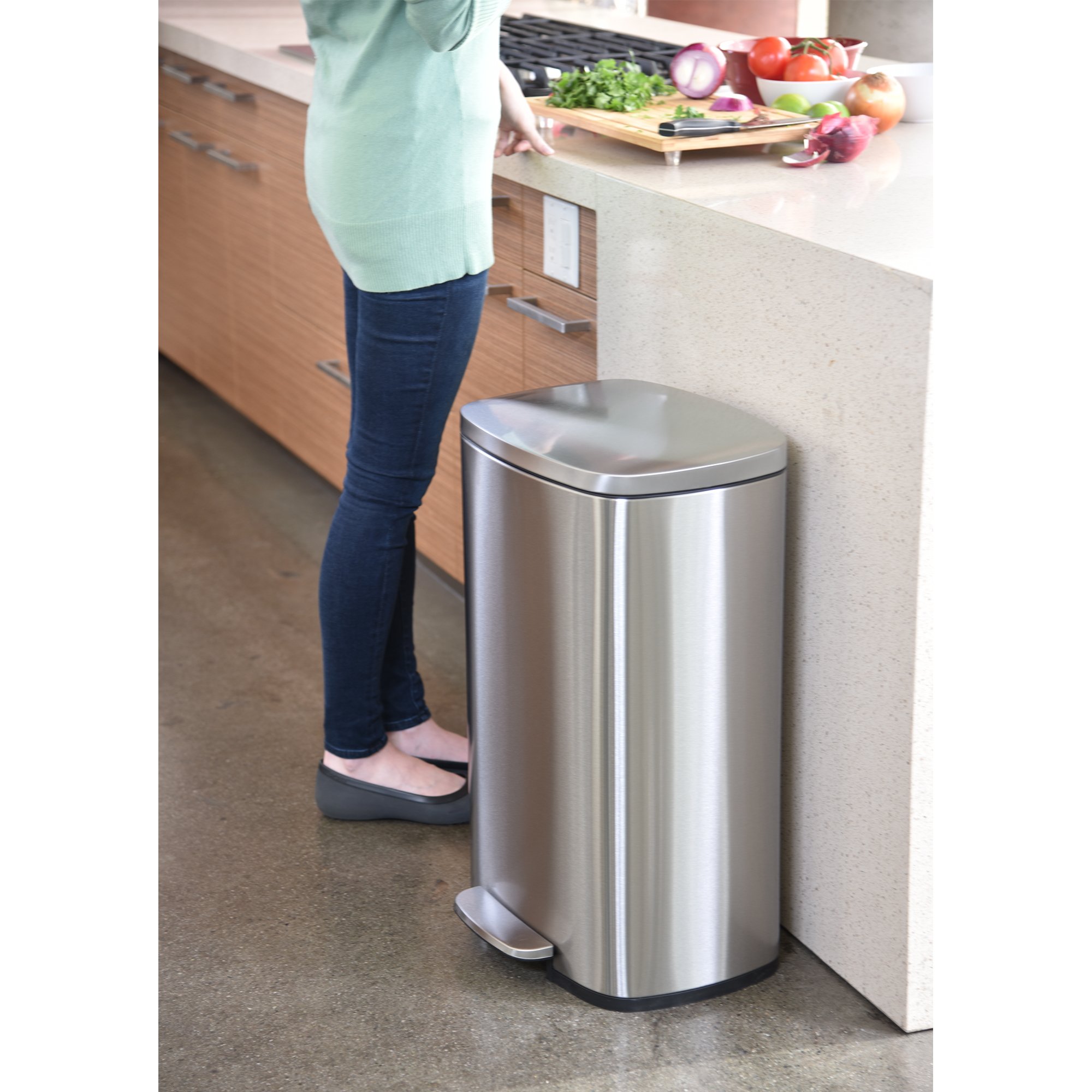 iTouchless SoftStep 13.2 Gallon Step Kitchen Trash Can with Lid and Odor Filter, 50 Liter Trashcan for Home Office Garage Bedroom Living Room Bathroom Silent Lid Close Stainless Steel Slim Wastebasket