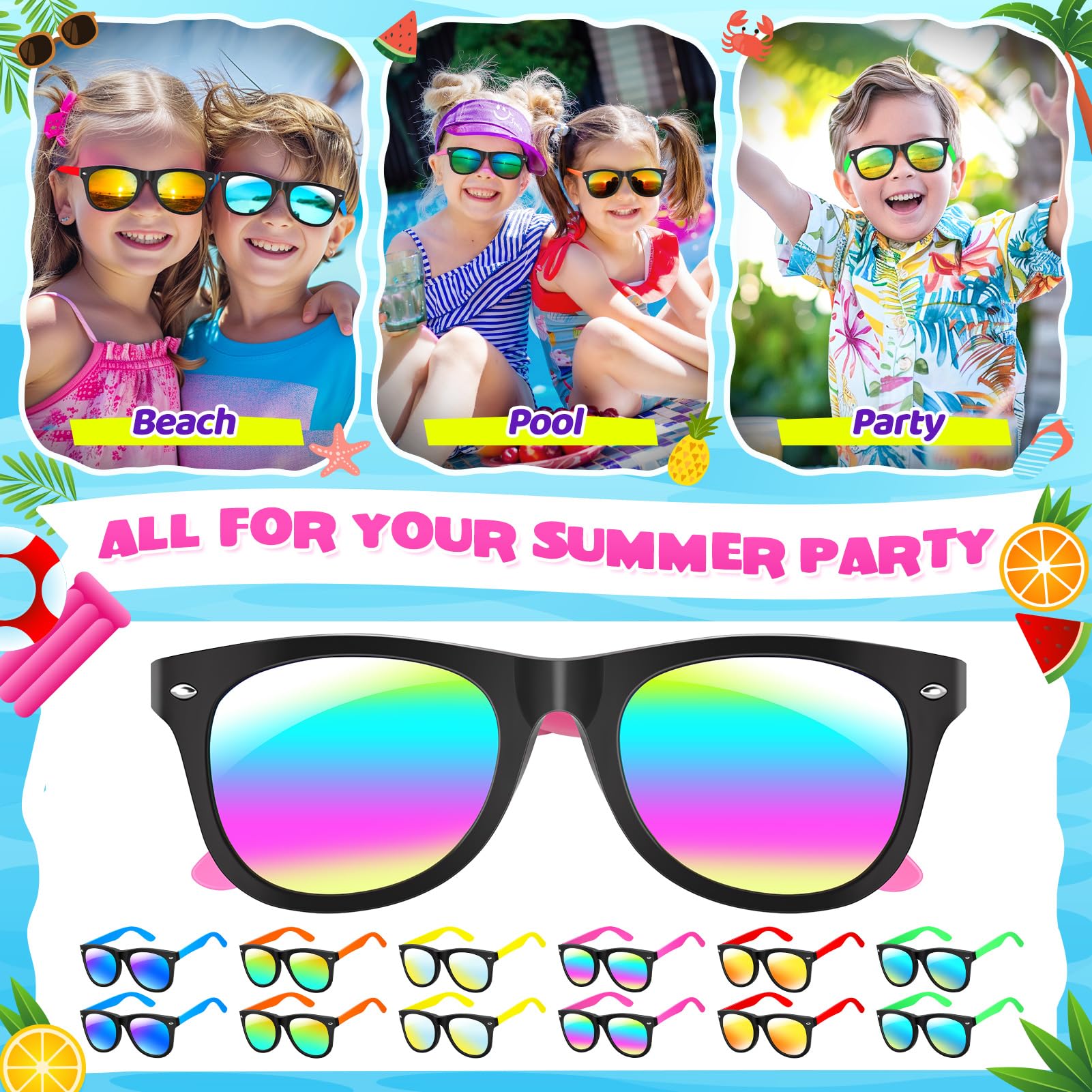 Kids Sunglasses Party Favors, 24Pack Neon Sunglasses with UV400 Protection in Bulk for Kids, Boys and Girls, Great Gift for Birthday Graduation Party Supplies, Beach, Pool Party Favors, Fun Gift,