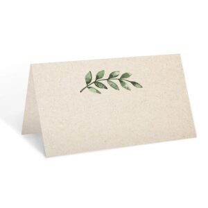 321done greenery place cards, made in usa - 3.5x2, blank tent cards for name food table setting dinner party seating wedding rustic green leaves in tan - set of 50