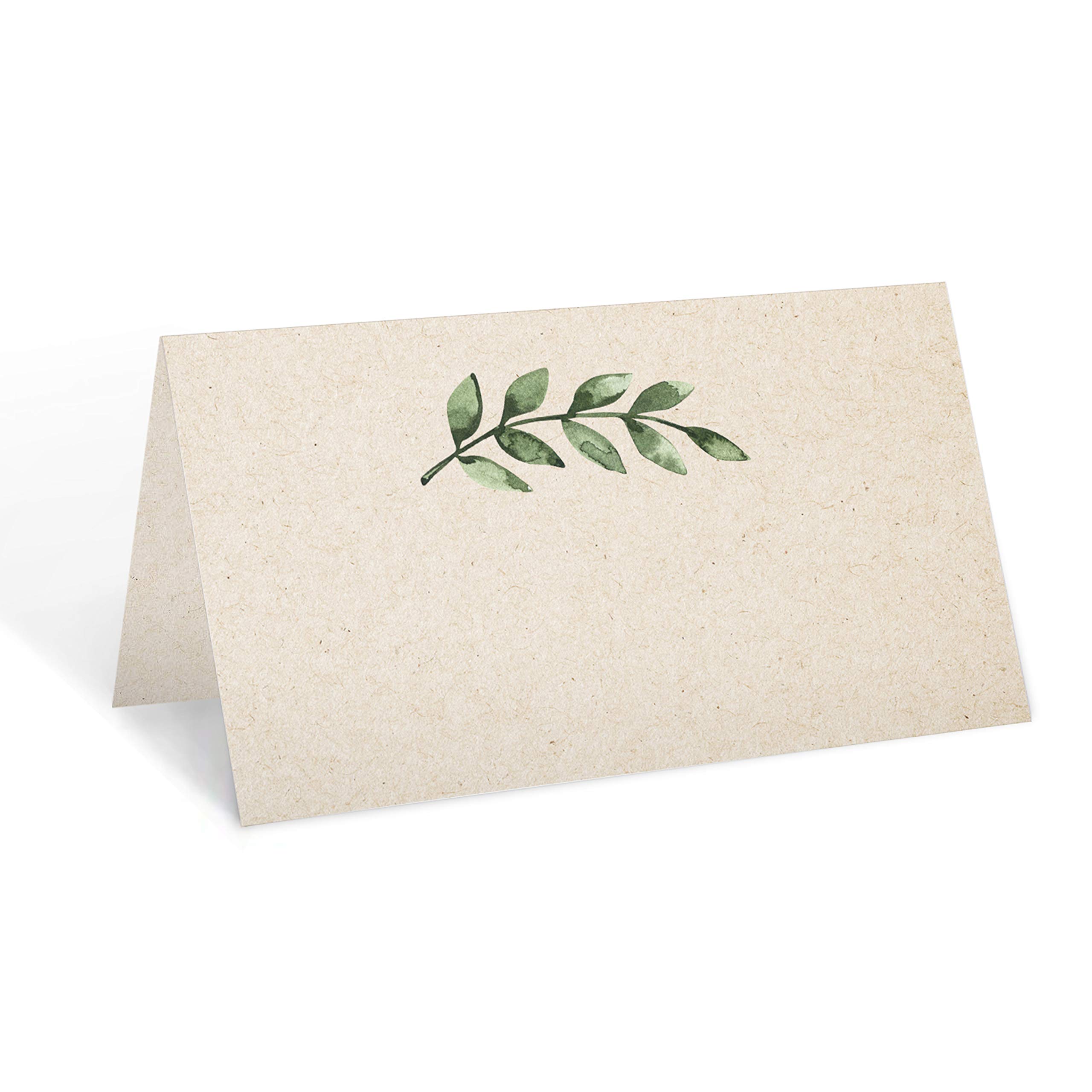 321Done Greenery Place Cards, Made in USA - 3.5x2, Blank Tent Cards for Name Food Table Setting Dinner Party Seating Wedding Rustic Green Leaves in Tan - Set of 50