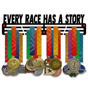 victory hangers evey race has a story medal holder display rack - 3 bars black coated 3 mm steel metal hanger with wall mount standoffs - 18 inch wide holds 60 medals or more