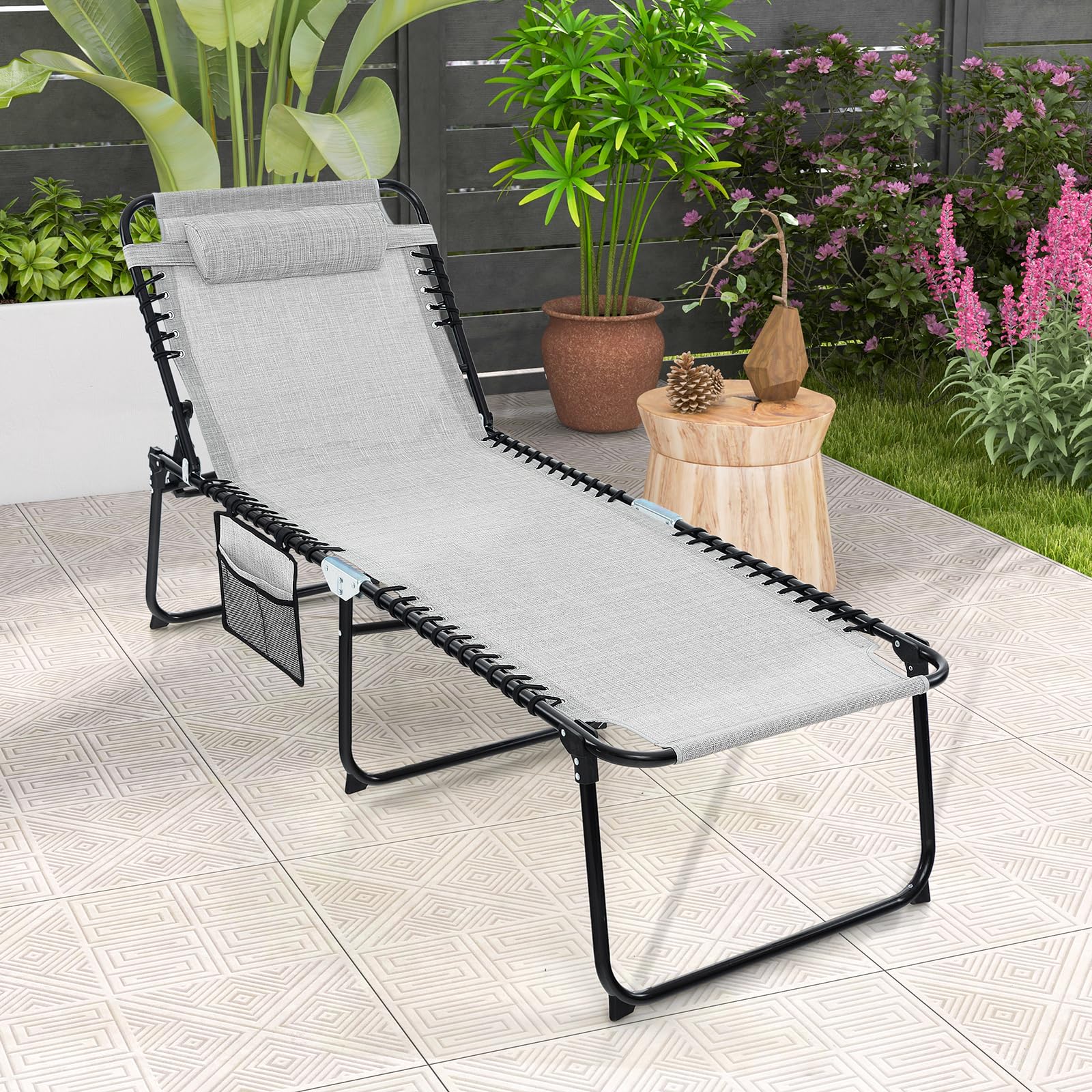 Goplus Chaise Lounge Chair Outdoor, Extra Large Folding 5-Postion Beach Lounge Chair with Detachable Pillow, Side Pocket, Sunbathing Lounge Chair, Adjustable Tanning Chair for Patio Lawn Pool Yard