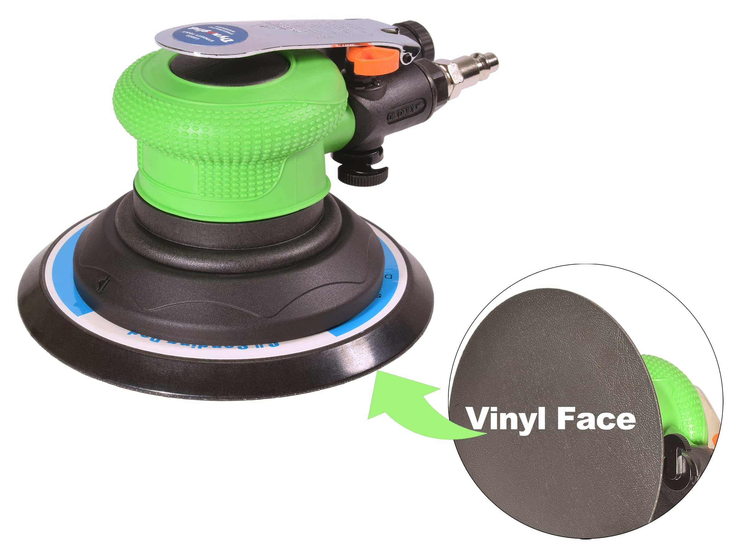 Dynastus 6-Inch Random Orbit Air Palm Sander, Dual Action Pneumatic Polisher with Vinyl PSA Backing Pad and 10pcs Sanding Discs