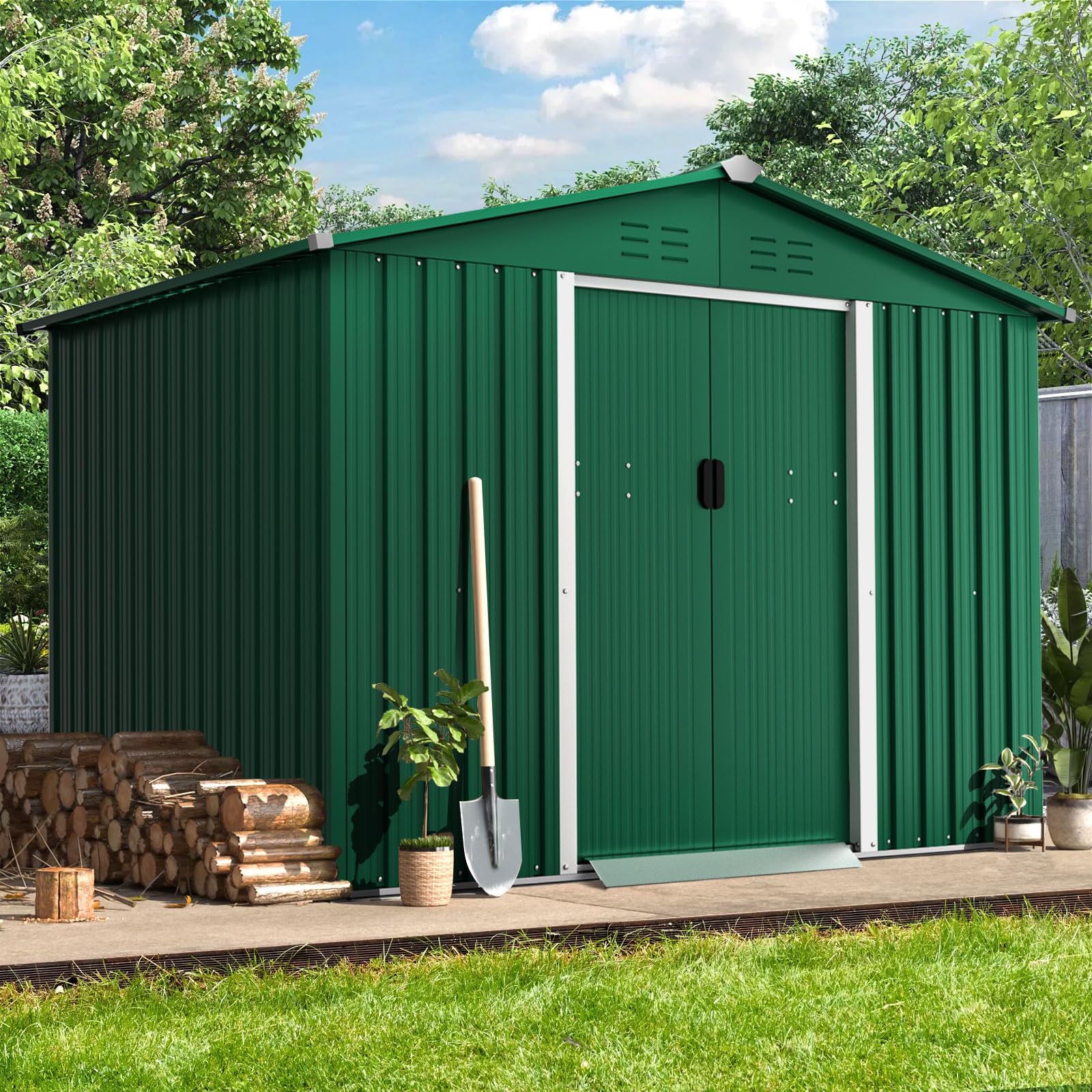 SOLAURA 8'x6' Outdoor Vented Storage Shed Garden Backyard Tool Steel Cabin (Green)