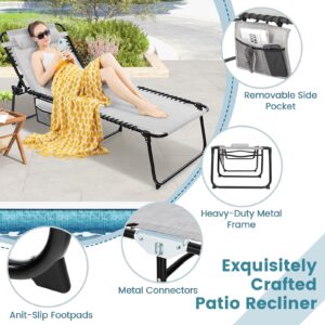 Goplus Chaise Lounge Chair Outdoor, Extra Large Folding 5-Postion Beach Lounge Chair with Detachable Pillow, Side Pocket, Sunbathing Lounge Chair, Adjustable Tanning Chair for Patio Lawn Pool Yard