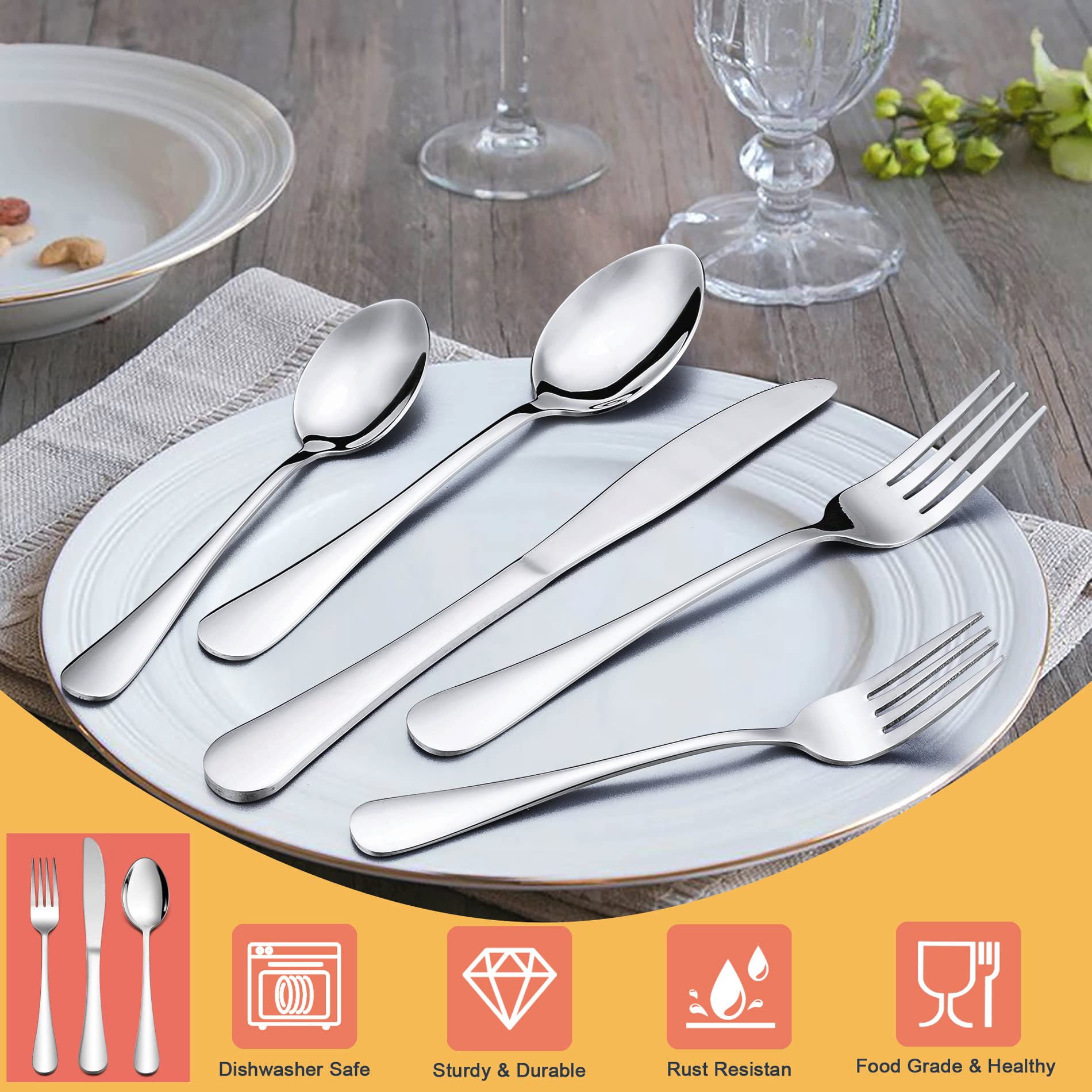 LIANYU 53-Piece Silverware Set for 8, Stainless Steel Flatware with Steak Knives and Serving Utensils, Forks and Spoons Silverware Set, Cutlery Set for Home, Dishwasher Safe