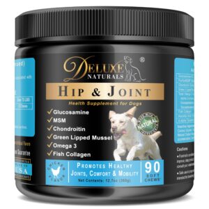 Deluxe Naturals Hip and Joint Soft Chews for Dogs with Glucosamine, MSM, Chondroitin, Collagen | Dog Joint Supplement Improve Dog Mobility, Pain Relief, 90 Count (Pack of 1)