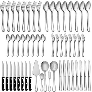 lianyu 53-piece silverware set for 8, stainless steel flatware with steak knives and serving utensils, forks and spoons silverware set, cutlery set for home, dishwasher safe