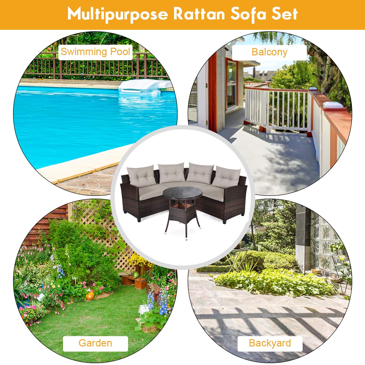 HAPPYGRILL 4PCS Curved Outdoor Sofa Set Rattan Wicker Patio Furniture Set with Coffee Table & Cushions Modern Conversation Set Curved Sofa Set for Garden Poolside Balcony