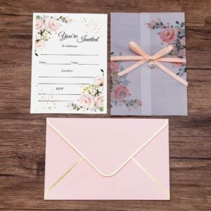 DORIS HOME 25PCS Pink Invitations Cards with Envelopes and Fill-in Inner Sheets for Bridal Shower Invite, Baby Shower Invitations, Wedding, Rehearsal