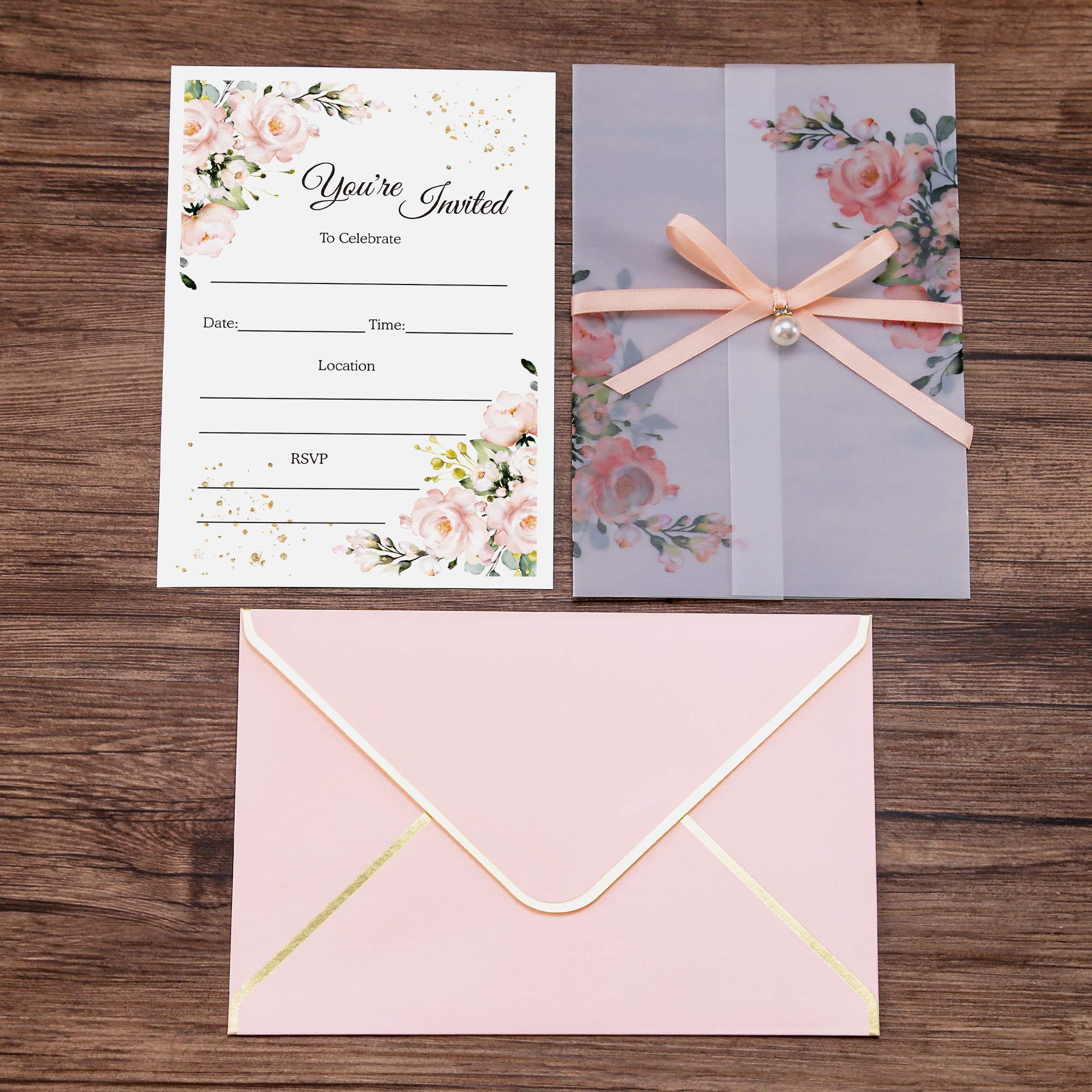 DORIS HOME 25PCS Pink Invitations Cards with Envelopes and Fill-in Inner Sheets for Bridal Shower Invite, Baby Shower Invitations, Wedding, Rehearsal