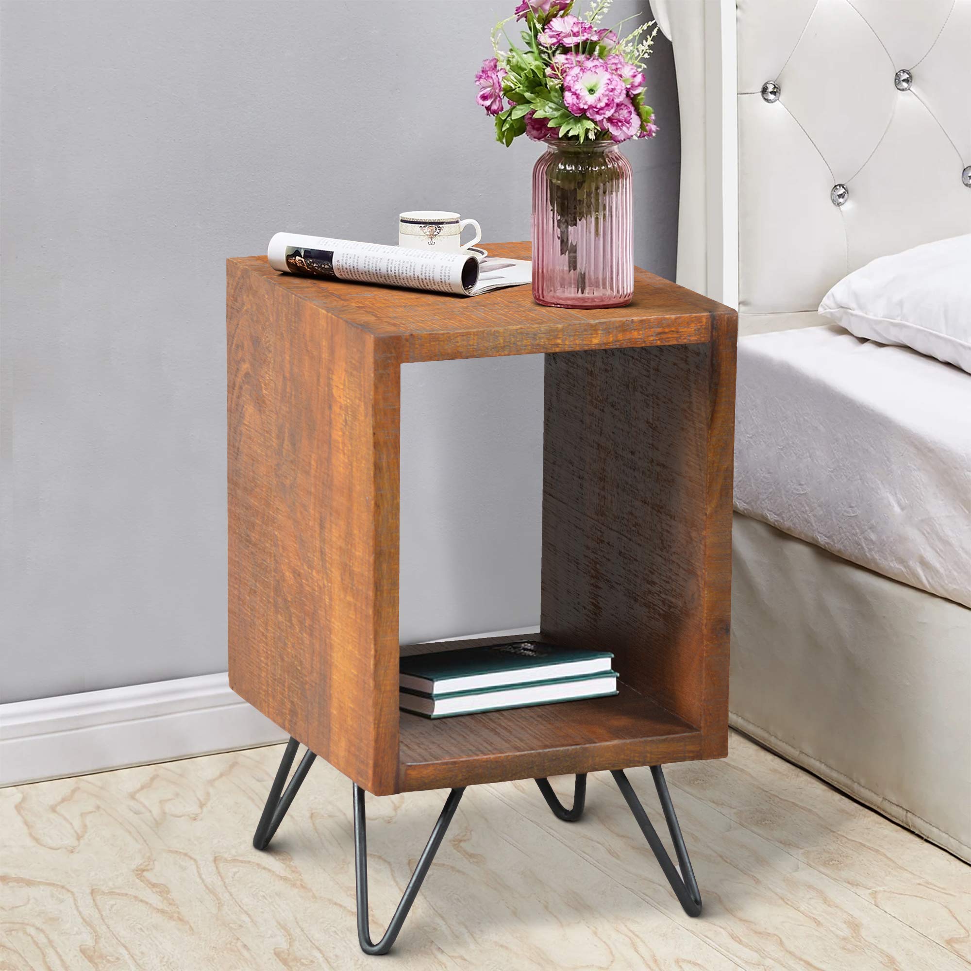 TUP THE URBAN PORT 22 Inch Textured Cube Shape Wooden Nightstand with Angular Legs, Brown and Black