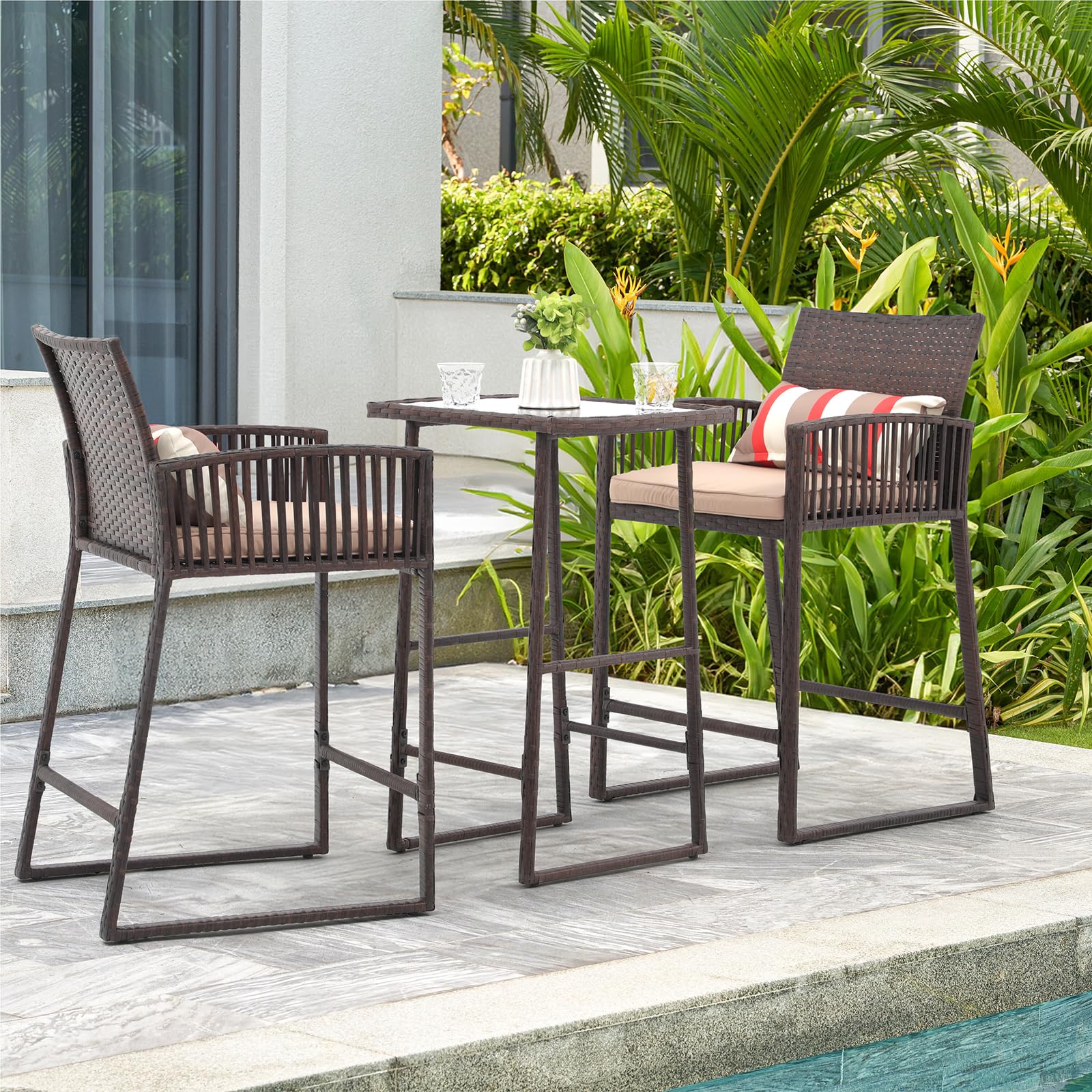 SUNSITT 3-Piece Outdoor Wicker Bar Height Table Set, 2 Bar Stools and 1 Pub Table with 2 Striped Pillows, Seat Cushions, Steel Frame