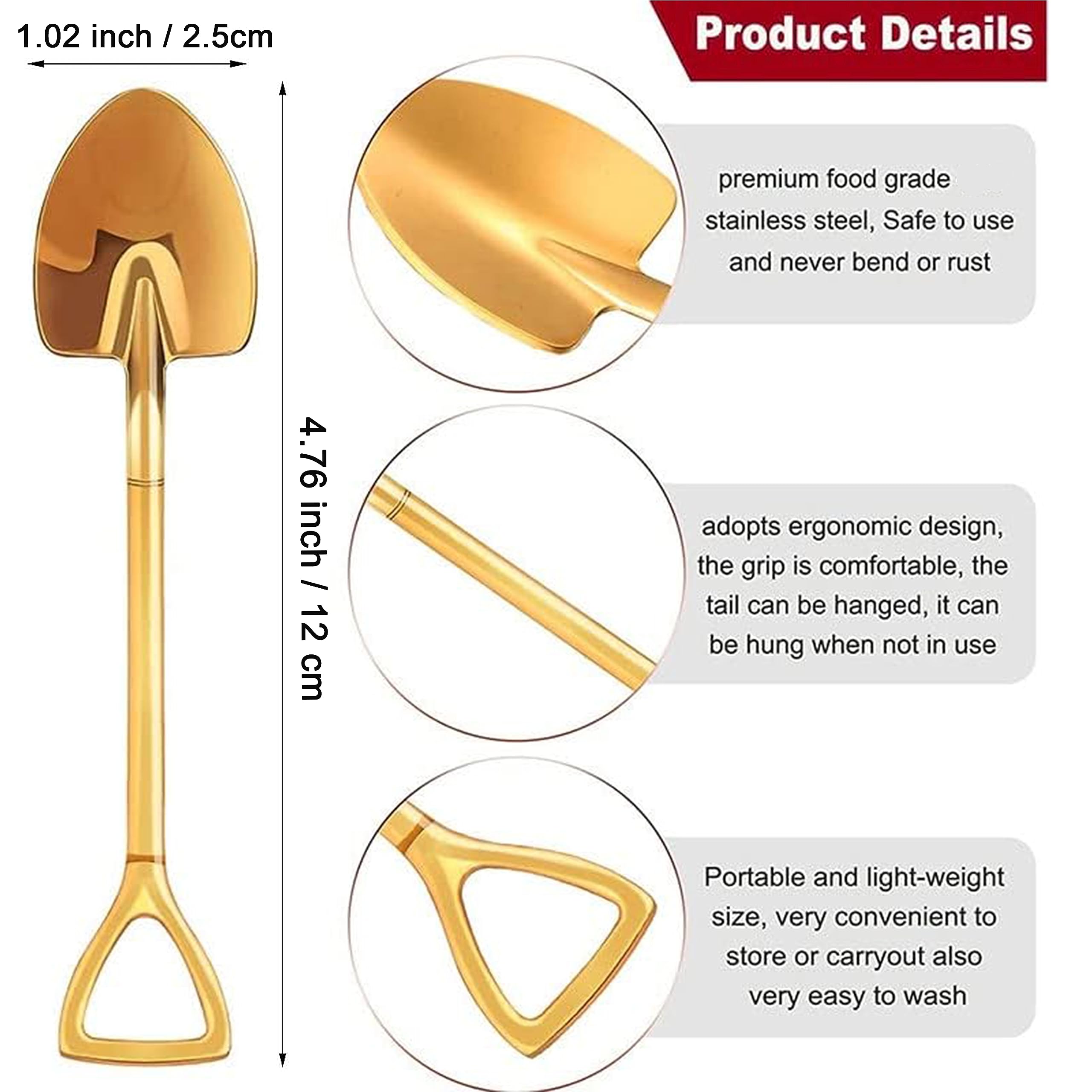 Comicfs 10 Pcs 4.7 Inches Gold Shovel Shape Demitasse Espresso Spoons, Stainless Steel Mini Coffee Spoons Set, Small Spoons for Dessert, Tea, Appetizer, Party Supplies (10 Spoons, Gold)