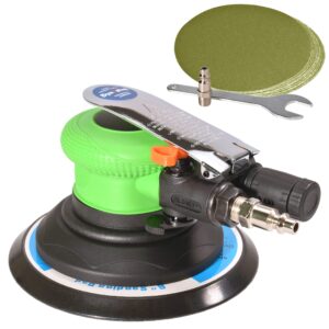 dynastus 6-inch random orbit air palm sander, dual action pneumatic polisher with vinyl psa backing pad and 10pcs sanding discs