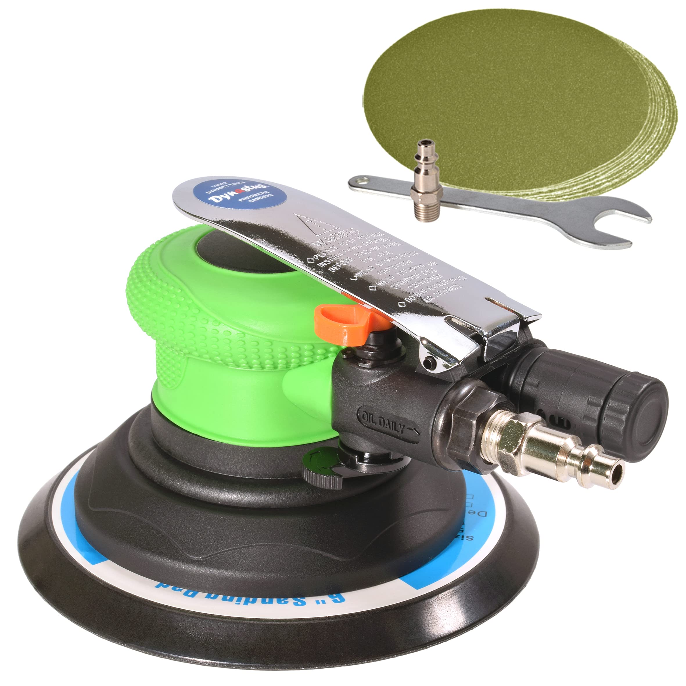 Dynastus 6-Inch Random Orbit Air Palm Sander, Dual Action Pneumatic Polisher with Vinyl PSA Backing Pad and 10pcs Sanding Discs