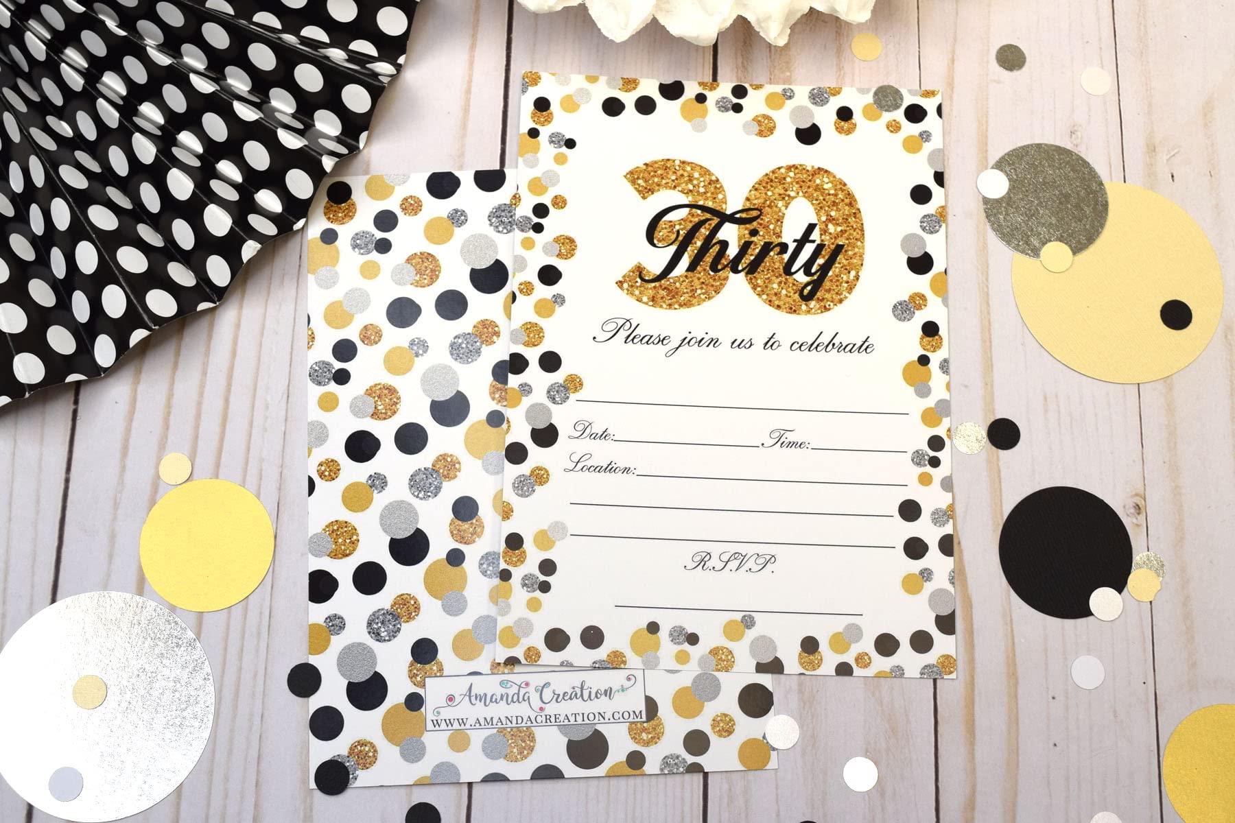 Confetti Polka Dot 30th Birthday Party Invitations, 20 5x7 Fill In Cards with Twenty White Envelopes by AmandaCreation