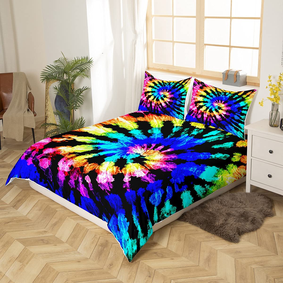 Tie Dye Comforter Cover Set Hippie Spiral Bedding Set Ethnic Boho Duvet Cover Swirl Tie Dyed Pattern Bed Comforter Cover,Bohemian Hippie Bedding Decor Queen Fashion Quilt Cover with 2 Pillow Shams