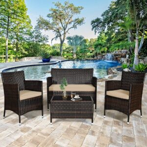 HAPPYGRILL 4-Piece Patio Furniture Set Outdoor Rattan Wicker Conversation Set with Cushioned Sofa and Coffee Table for Porch Backyard Garden Poolside