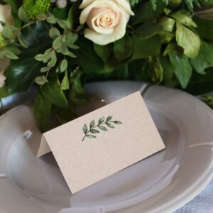 321Done Greenery Place Cards, Made in USA - 3.5x2, Blank Tent Cards for Name Food Table Setting Dinner Party Seating Wedding Rustic Green Leaves in Tan - Set of 50