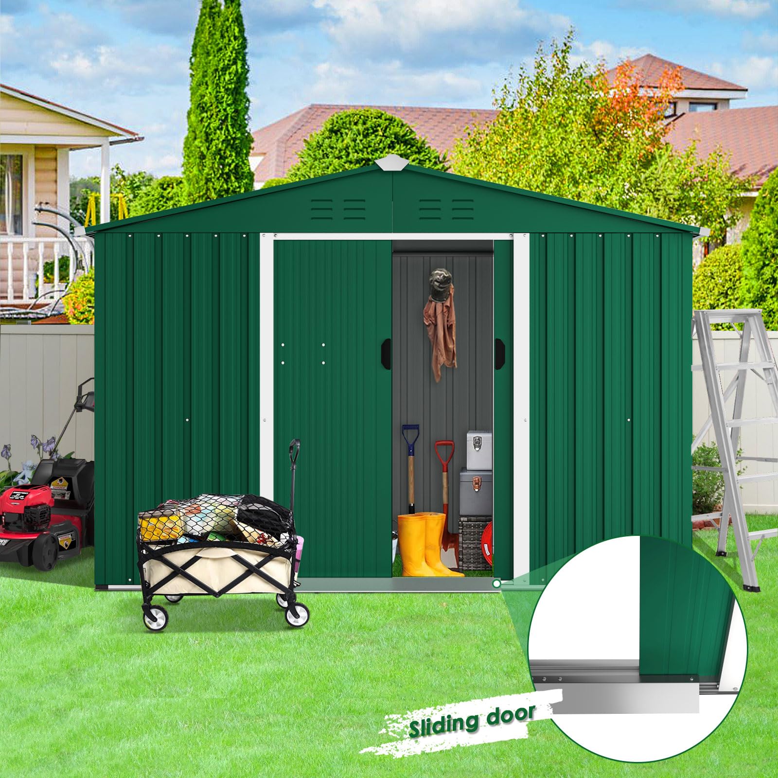 SOLAURA 8'x6' Outdoor Vented Storage Shed Garden Backyard Tool Steel Cabin (Green)