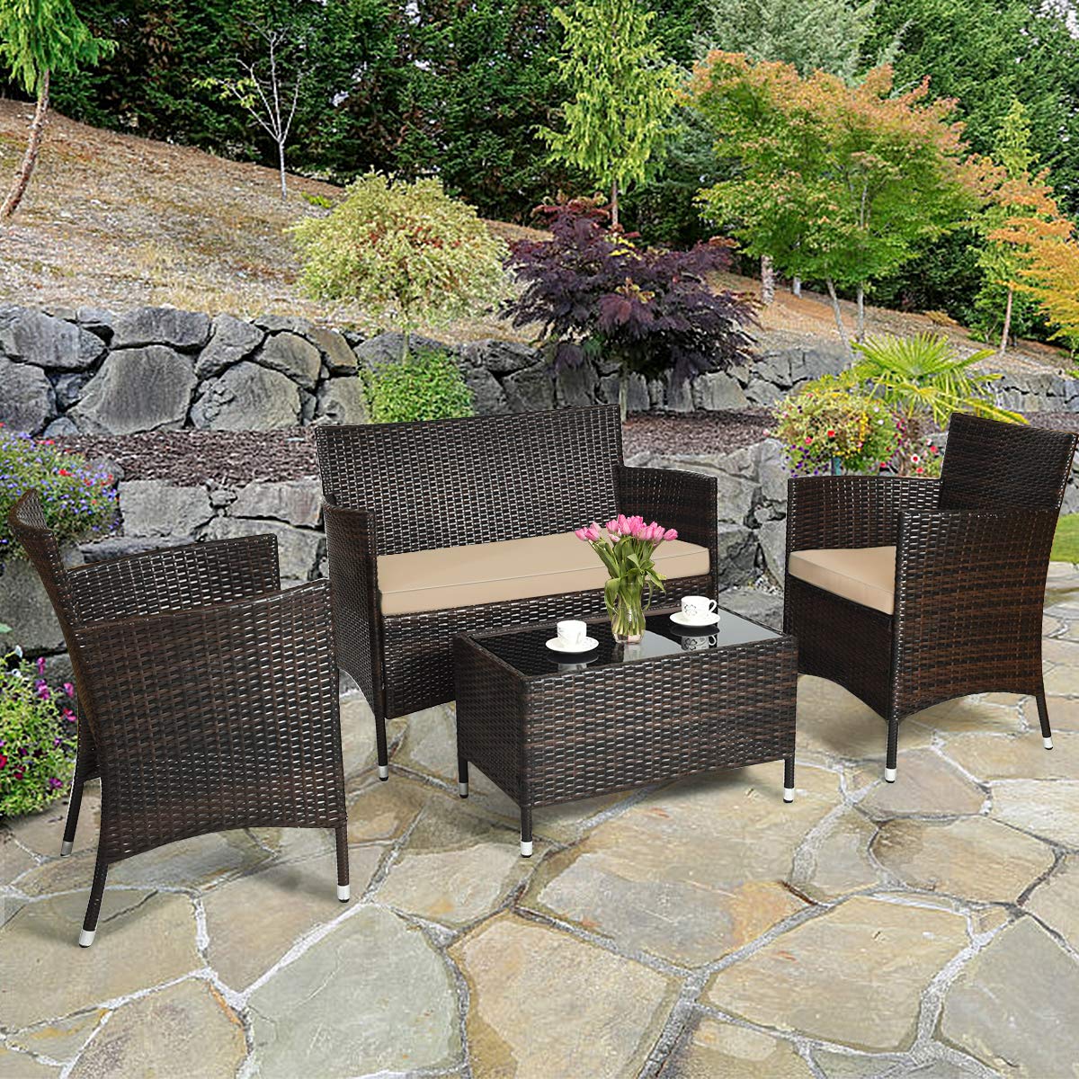 HAPPYGRILL 4-Piece Patio Furniture Set Outdoor Rattan Wicker Conversation Set with Cushioned Sofa and Coffee Table for Porch Backyard Garden Poolside