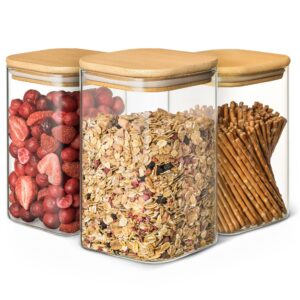 praknu kitchen storage jars 34oz - set of 3 bamboo lid storage containers - square glass food storage jars - airtight glass pantry storage