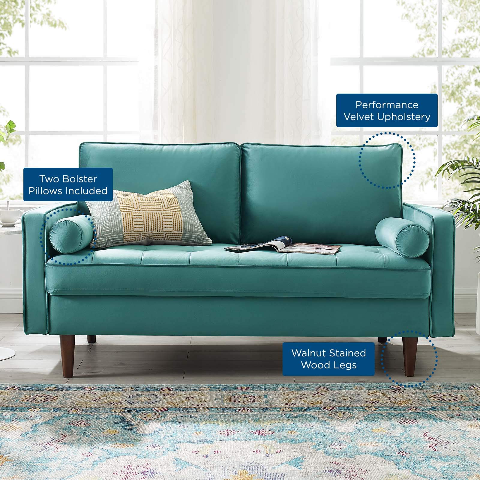 Modway Valour Performance Velvet Loveseat, Teal Valour Performance Velvet Loveseat