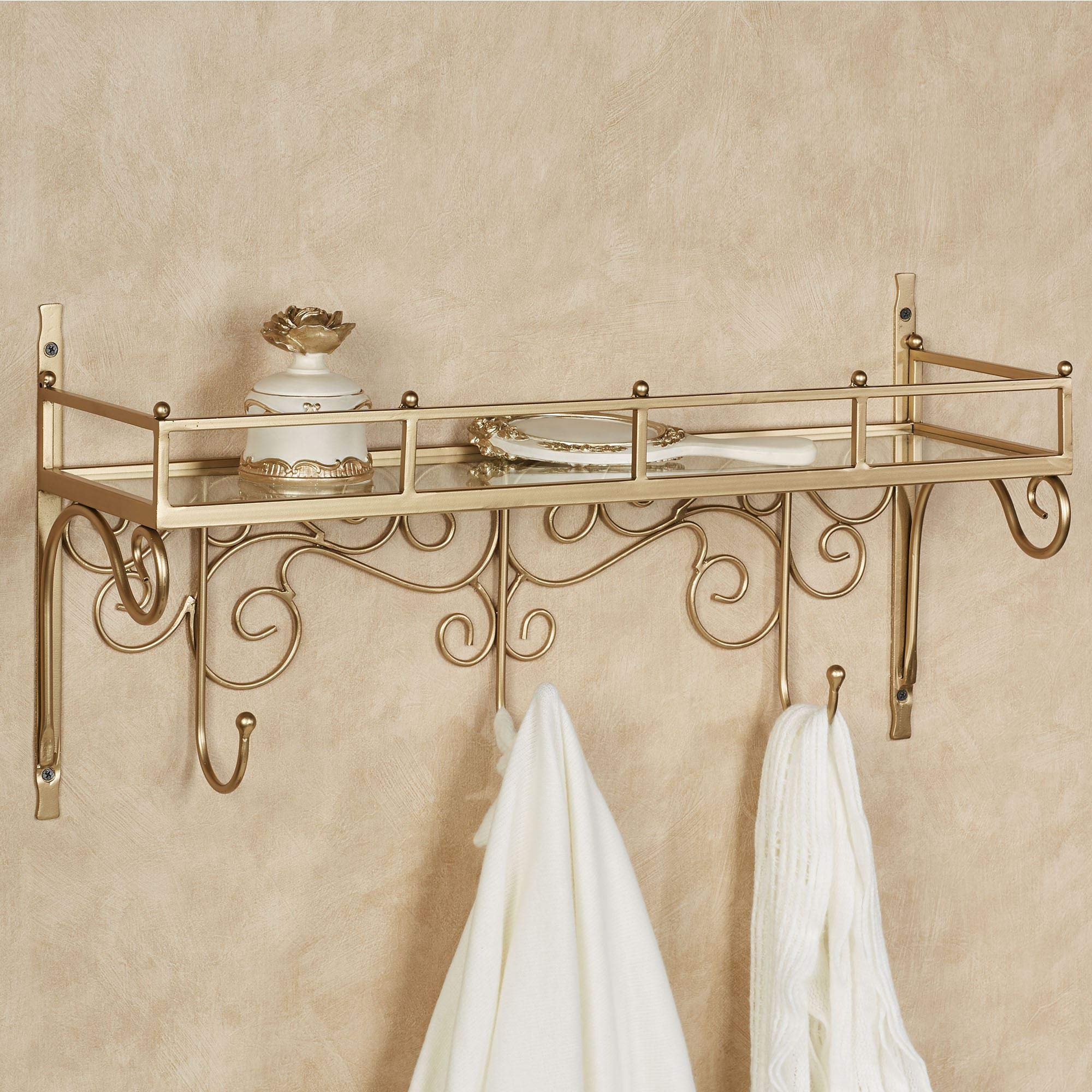 Touch of Class Classical Baldessaire Scrolling Openwork Metal Wall Shelf with Hooks Gold 28" Wx8 Dx13.5 H