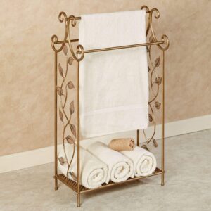 touch of class eden towel rack stand - metal - champagne bronze finish - freestanding holder for bathroom, pool - three bar storage for towels - nature inspired - powder coated