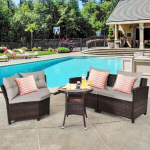 HAPPYGRILL 4PCS Curved Outdoor Sofa Set Rattan Wicker Patio Furniture Set with Coffee Table & Cushions Modern Conversation Set Curved Sofa Set for Garden Poolside Balcony