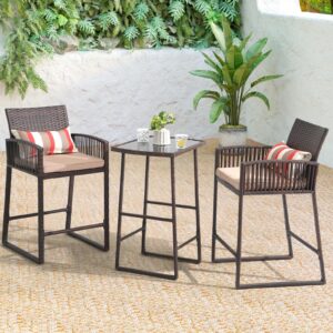 sunsitt 3-piece outdoor wicker bar height table set, 2 bar stools and 1 pub table with 2 striped pillows, seat cushions, steel frame