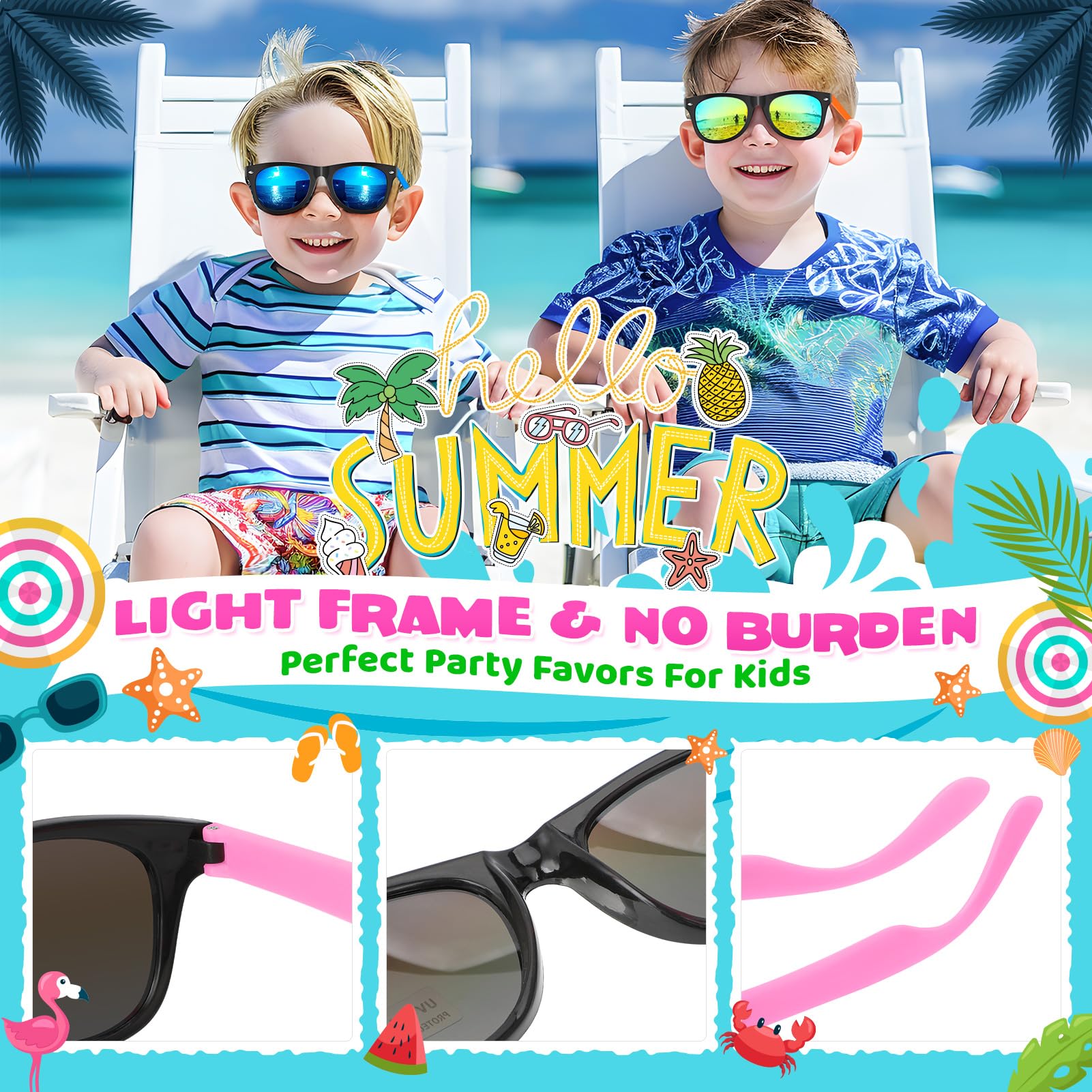 Kids Sunglasses Party Favors, 24Pack Neon Sunglasses with UV400 Protection in Bulk for Kids, Boys and Girls, Great Gift for Birthday Graduation Party Supplies, Beach, Pool Party Favors, Fun Gift,