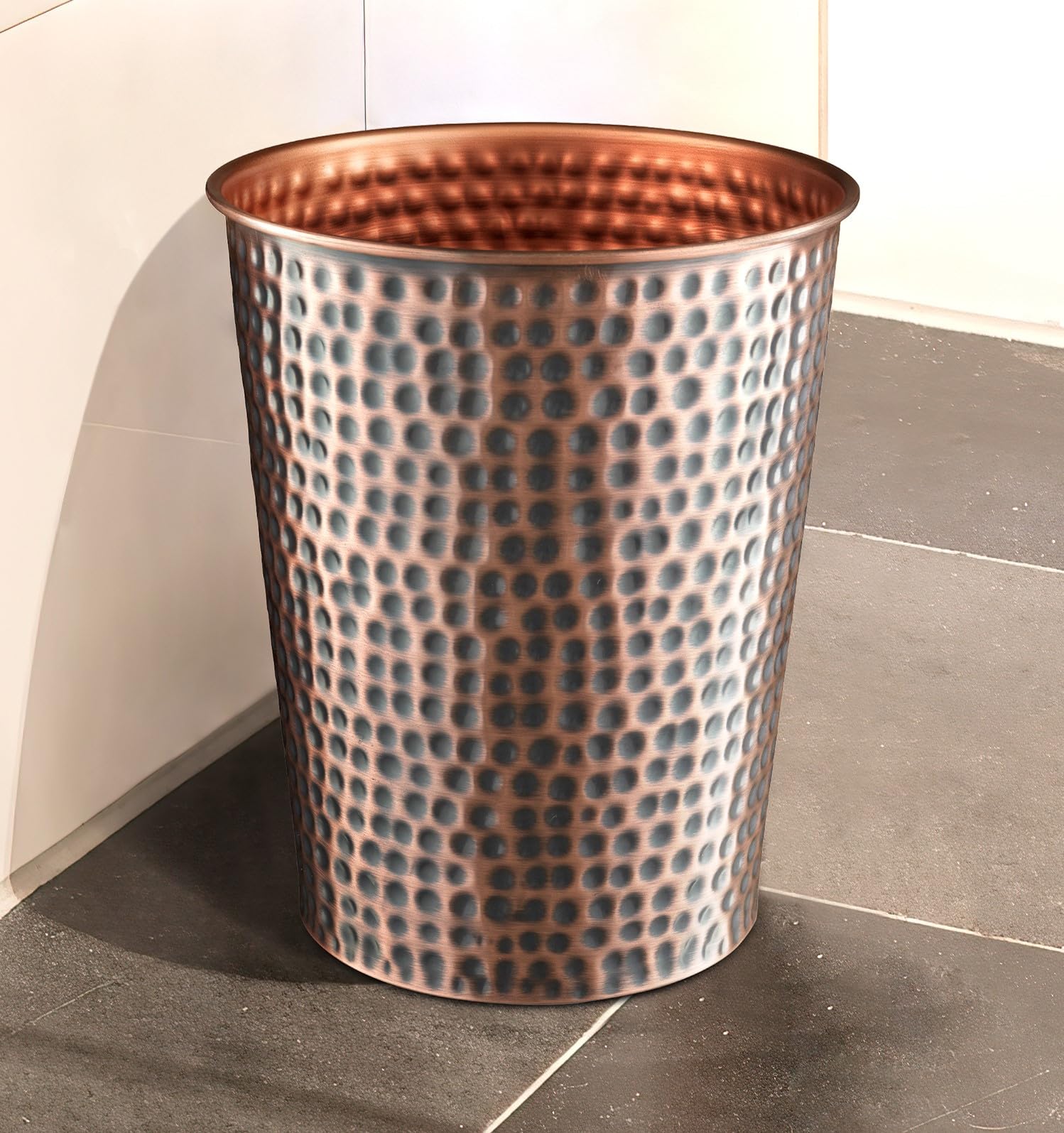 Monarch Abode Circular Wastebasket and Trash Can for Home Office & Bedroom - Decorative Wastebasket - Bathroom Waste Basket- Durable Hand Hammered Antique Copper Finish - Bathroom Trash Can