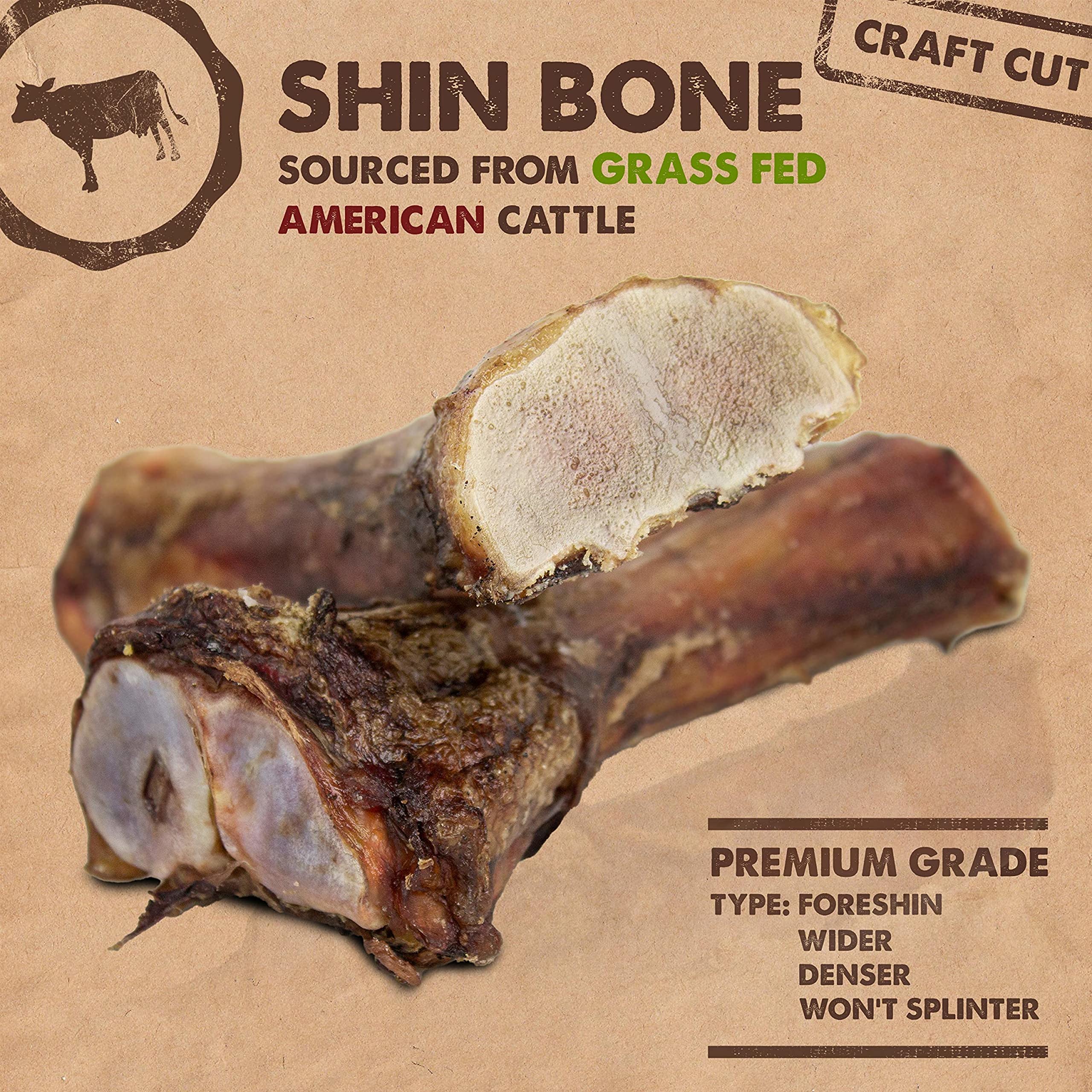 Downtown Pet Supply - Dog Bones for Aggressive Chewers - Natural Beef Bones for Dogs - Beef Marrow, Calcium, Glucosamine & Chondroitin for Joint Health - Dog Dental Chew - Craft Cut Shin Bone - 1Ct