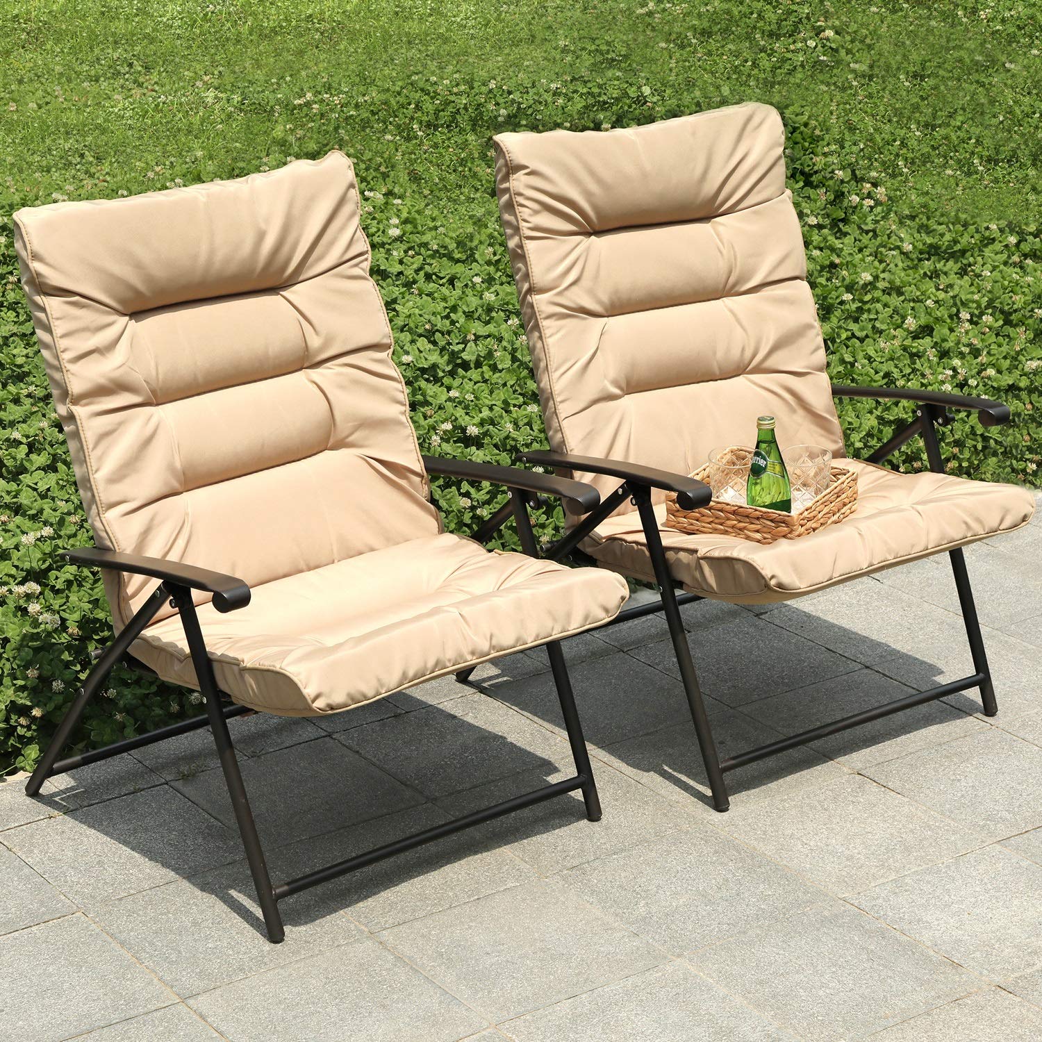 Sophia & William Padded Folding Chairs Set 3 PCS Outdoor Adjustable Patio Reclining Lounge Chairs Bistro Furniture Set with Table for Patio Balcony Porch Garden, Beige