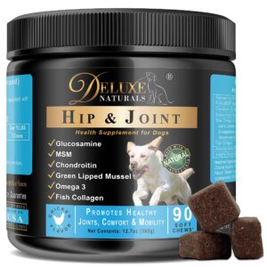 deluxe naturals hip and joint soft chews for dogs with glucosamine, msm, chondroitin, collagen | dog joint supplement improve dog mobility, pain relief, 90 count (pack of 1)