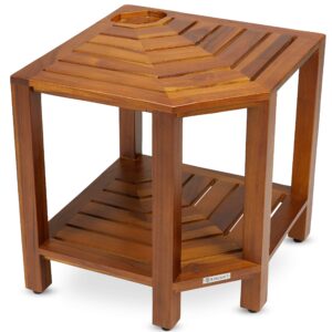 teakcraft teak corner shower bench with basket 17.5 inch, fully assembled. the teakra