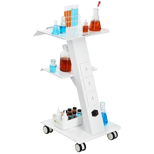 VEVOR Lab Trolley, Built-in Socket Rolling Lab Cart, 3 Layers Tray Rolling Clinic Cart, 360° Silent Rolling Wheels w/Foot Brake, 88 lbs Weight Capacity Sturdy Steel Frame, for Lab Clinic Beauty Salon