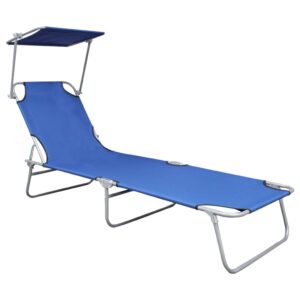 vidaXL Aluminum Sun Lounger - Foldable Outdoor Relaxing Chair with Adjustable Canopy and Backrest - Beach, Patio, Poolside Usage - 264.6 lb Capacity - Blue