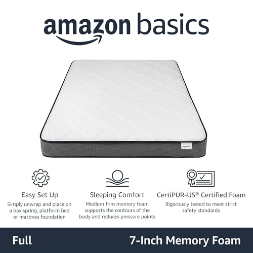 Amazon Basics Premium Memory Foam Mattress, CertiPUR-US® Certified Foam, Medium, 7-inch, Full, White & Gray