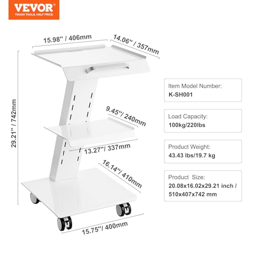 VEVOR Lab Trolley, Built-in Socket Rolling Lab Cart, 3 Layers Tray Rolling Clinic Cart, 360° Silent Rolling Wheels w/Foot Brake, 88 lbs Weight Capacity Sturdy Steel Frame, for Lab Clinic Beauty Salon