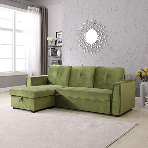 Legend Furniture Velvet Chaise Storage Reversible Sofa Bed Sleeper Sectional, Green