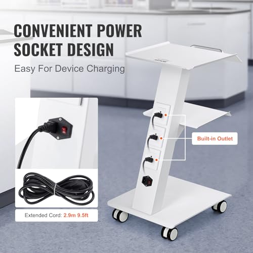 VEVOR Lab Trolley, Built-in Socket Rolling Lab Cart, 3 Layers Tray Rolling Clinic Cart, 360° Silent Rolling Wheels w/Foot Brake, 88 lbs Weight Capacity Sturdy Steel Frame, for Lab Clinic Beauty Salon