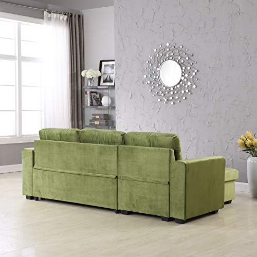 Legend Furniture Velvet Chaise Storage Reversible Sofa Bed Sleeper Sectional, Green