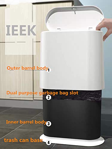 IEEK Slim Plastic Trash Can with Press Top Lid,2.4 Gallon/10 Liter Garbage Can Modern Waste Basket for Bathroom,Living Room,Office,Kitchen and Narrow Spaces,Grey