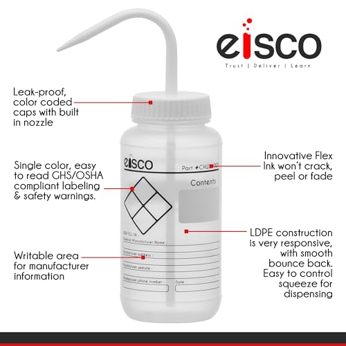 EISCO Chemical Wash Bottle, Blank Labels, 500ml - Wide Mouth, Self Venting, Low Density Polyethylene - Performance Plastics Labs