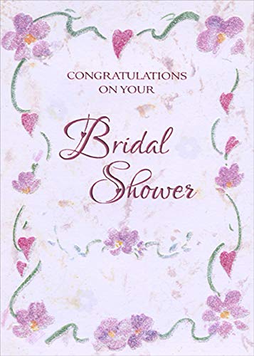 Designer Greetings Sparkling Pink Hearts and Flowers Border with Green Swirls Bridal Shower Congratulations Card